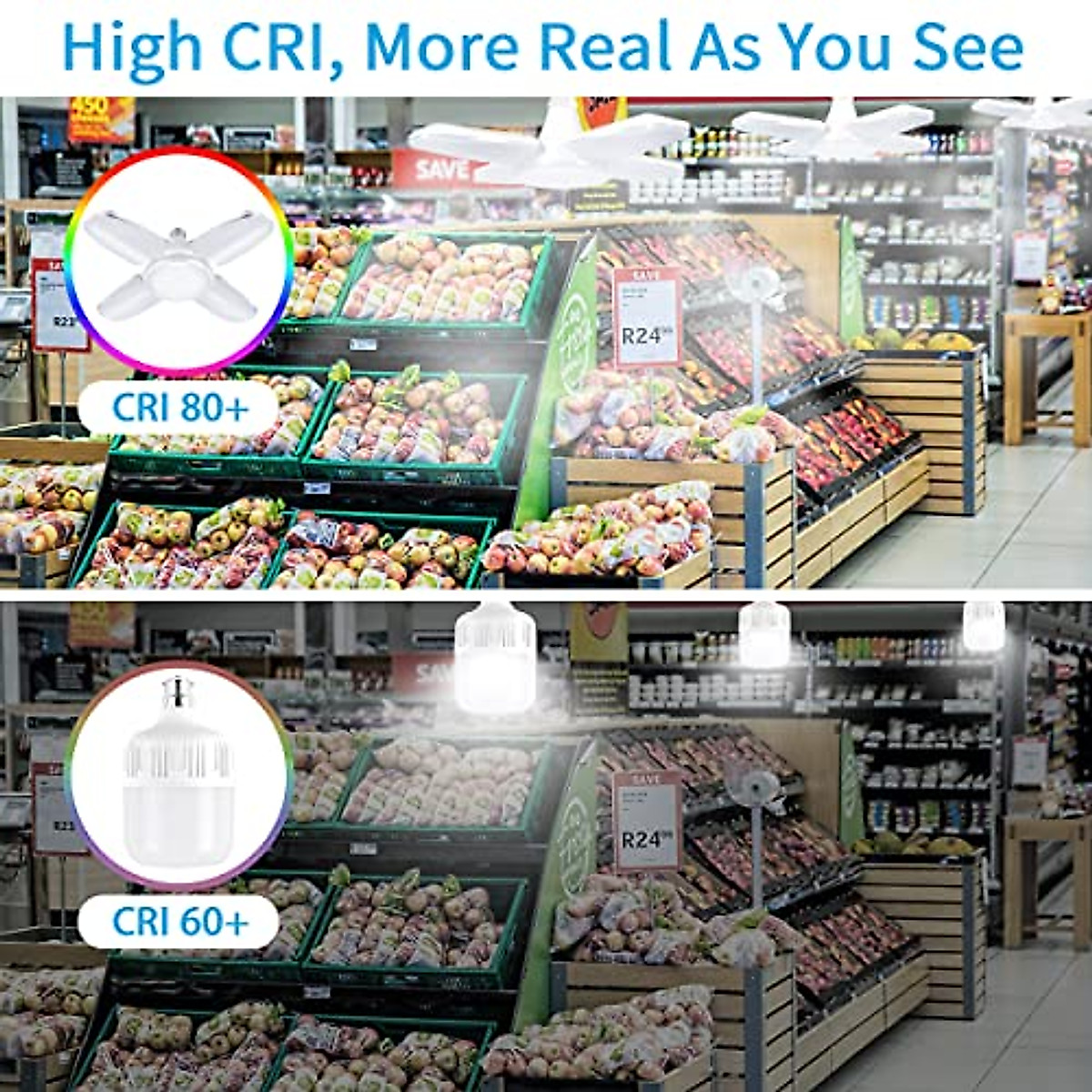 LED Garage Lights, 60W Workshop Lights Ceiling 6500K Deformable Lighting Fixture, E26/E27 Garage Light Bulb with 4 Adjustable Panels, Daylight White Basement Lighting for Shop, Pack of 2