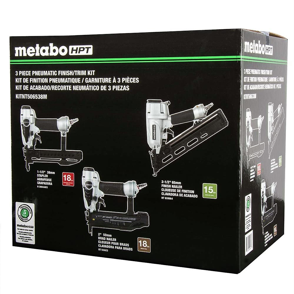 Metabo HPT KITNT506538M 18 - 15 Gauge Pneumatic 3-Tool Finish/Trim Nailers Combo Kit
