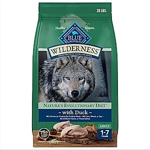 Blue Buffalo Wilderness Natural High-Protein Dry Food for Adult Dogs, with Wholesome Grains, Duck, 28-lb bag.