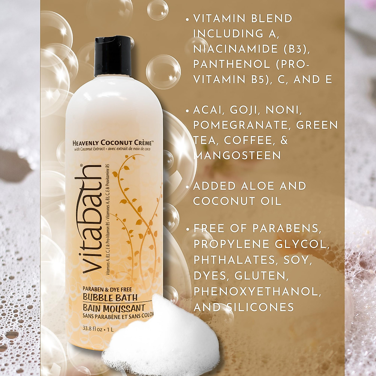 Vitabath Heavenly Coconut Crème Bubble Bath Rich Foaming Bubbly Soak & Relaxing Aromatherapy Moisturizing & Nourishing Indulgent Suds for Women & Men All Skin Types - 33.8 fl oz