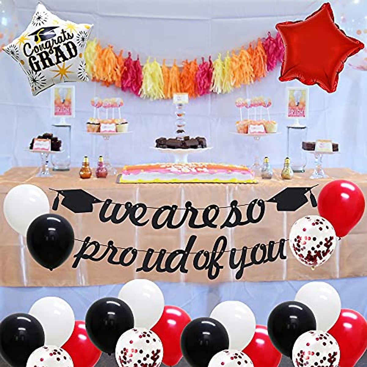 KAXIXI Graduation Party Decorations 2023 Red and Black,We are So Proud of You Banner for High School College, Grad Star Foil Balloons for Graduation Party Supplies