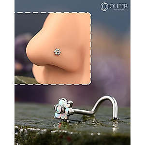 OUFER 20G Nose Studs, Flower Designed White Opal Paved Push-in Nose Rings, G23 Solid Titanium Nose Screw Studs, Nostril Piercing Jewelry for Women and Men