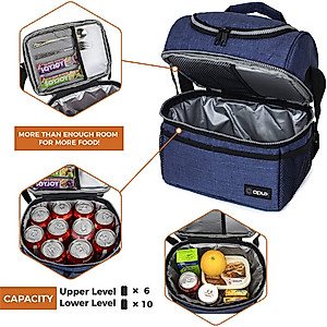 OPUX Lunch Box For Men Women, Insulated Large Lunch Bag Adult Work, Double Decker Lunchbox Meal Prep Dual Compartment Leakproof Lunch Cooler, Soft Lunch Pail Tote Boys Girls Kids School, Navy Blue 12L