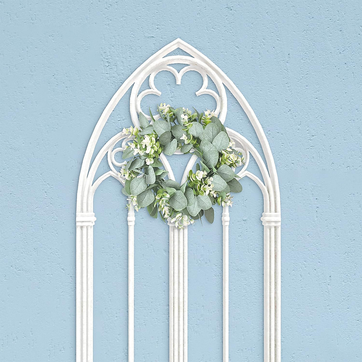 IRONLAND 12" Artificial Eucalyptus Wreath for Front Door Small Spring Summer Wreath Little Green Leaves Wreath for Farmhouse Festival Celebration Party Home Porch Decor