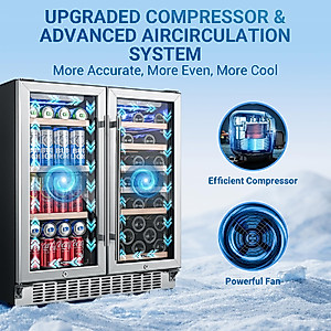 AAOBOSI 30 Inch Wine and Beverage Cooler, 31 Bottles & 110 Cans Wine Fridge, Glass Door Dual Zone Wine Refrigerator Freestanding and Built-in, Digital Temperature Control, Blue LED Display Light
