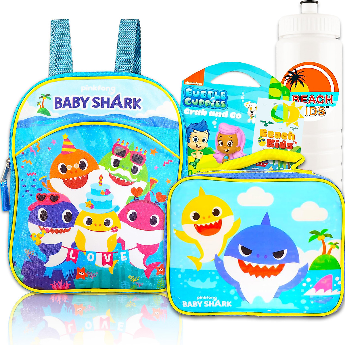 Baby Shark Mini Backpack 3 Pc Bundle with Lunch Bag for Kids with Stickers (Baby Shark School Supplies)