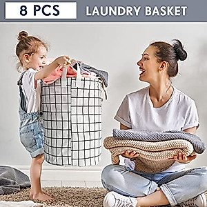 Nuogo 8 Pieces Freestanding Laundry Basket Round Collapsible Organizer Basket Cotton Linen Washable Laundry Hamper Waterproof Laundry Room Organization Large Storage Bins for Kids Toy Room Nursery