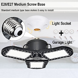 HengBo LED Garage Light, 80W Deformable Aluminum Bright Garage Ceiling LED Light with 3 Adjustable Panels, 8000LM 6500K Daylight E26 Base Trefoil Lamp with Light Socket for Garage, Warehouse, Workshop