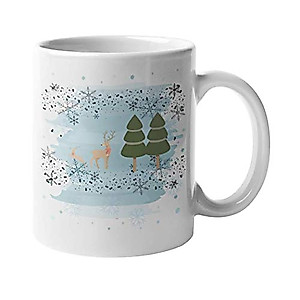 Winter Scene Artwork Snowflake And Reindeer Print Snowy Christmas Coffee & Tea Mug Cup, Dinnerware, Wintertime Decor, Cold Weather Stuff, Items, Things, Stocking Stuffers, And Party Favors (11oz)