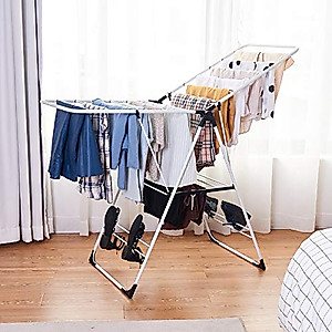 Tangkula Clothes Drying Rack, Collapsible Laundry Rack with Hanging Rods, Shoe Hangers, Adjustable Gullwing and Foldable Design for Space-Saving, Stainless Steel Clothing Shelf
