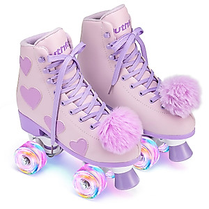 Ruthfot Women's and Girl's Classic Roller Skates with Light up Wheels and Love Heart Pattern, High-top PU Leather Rollerskates…