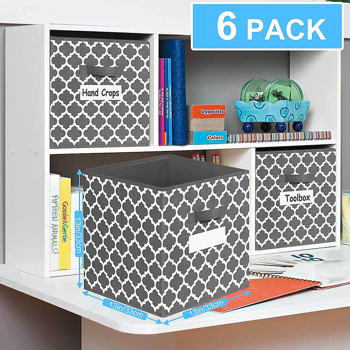 homyfort Cube Storage Organizer Bins 12x12 - Fabric Storage Cubes Bin Foldable Baskets Square Box with Labels and Dual Plastic Handles for Shelf, Nursery, Cabinet, Clothes, Toys, Set of 6 (Grey)