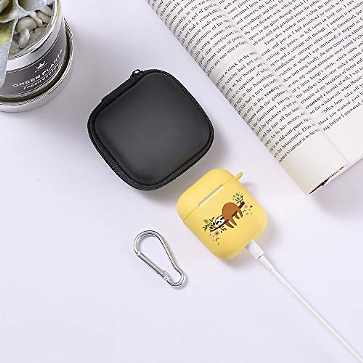 JOYLAND Yellow Case Cover for AirPod 1&2 w/Keychain Ring Carabiner Clip,Lovely Sloth Case Wireless Earphone Case Smooth Anti-dust Silicone Protective Cover Soft Skin Cute Case fr AirPods 1 & 2
