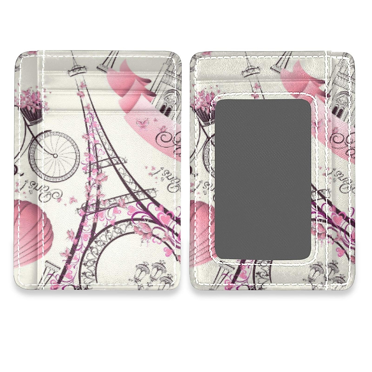 Linomo Thin leather Card Holder and Money Clip Pink Flower Paris Eiffel Tower Wallet RFID Blocking for Men & Women