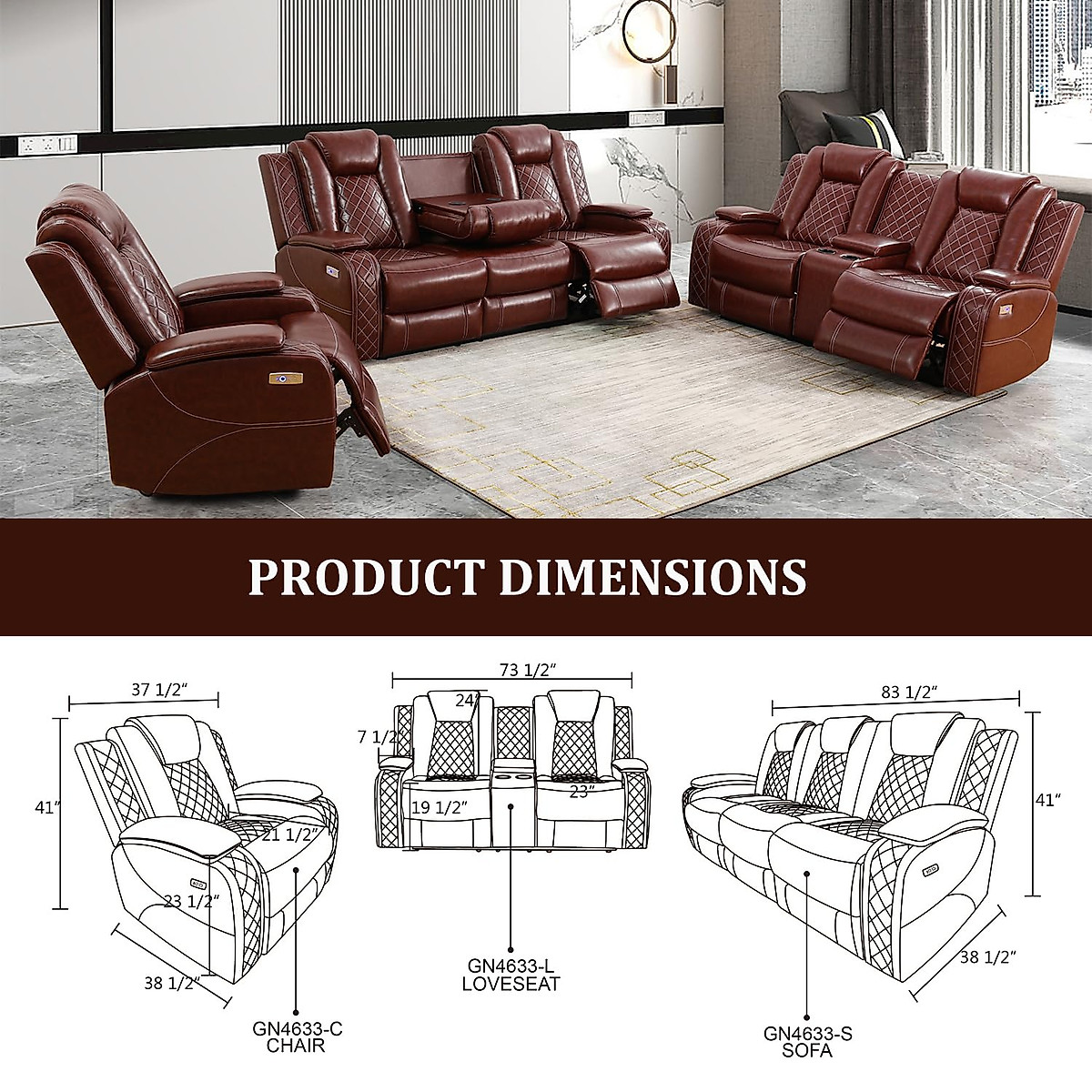 GEBADOL Power Reclining Sofa Set, Living Room Furniture Set with USB Ports, Leather Recliner Couches Set for Living Room/Apartment/Office/Home Theather (Burgundy, Sofa)