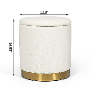 Adeco Round Storage Ottoman, Upholstered Vanity Stool with Removable Lid, Footrest Stool with Gold Metal Base, Side Table Padded Seat for Living Room Bedroom, White