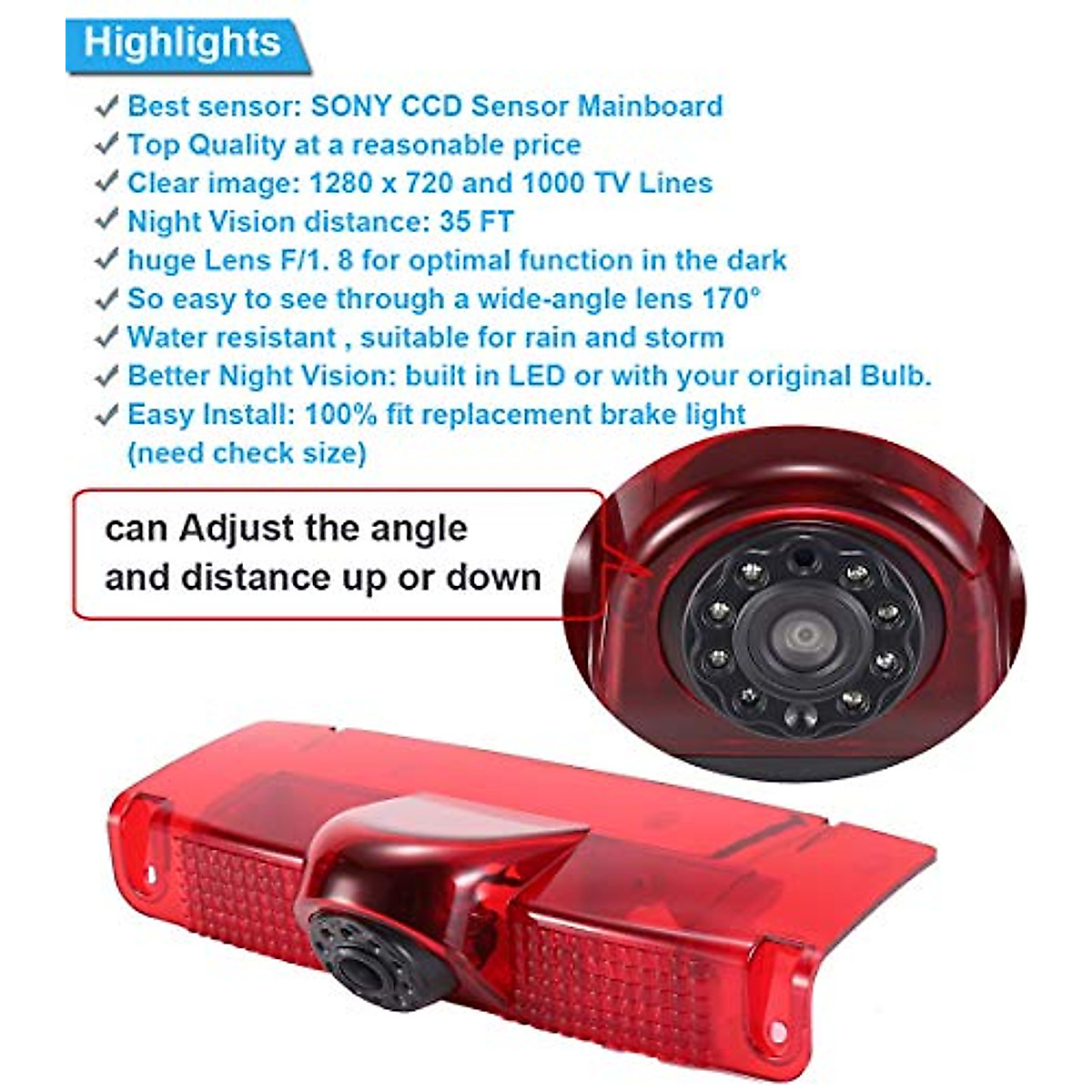 Navinio Super HD 1280*720 Pixels Car Third Roof Top Mount Brake Lamp Camera Brake Light Rear View Backup Camera for Chevrolet Express GMC Savana Vans Exporer Vans Cargo Reverse Parking Camera