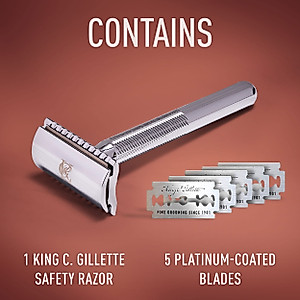 King C. Gillette Safety Razor with Chrome Plated Handle and 5 Platinum Coated Double Edge Safety Razor Blade Refills with Double Edge Safety Razor Blade Refills, 10ct