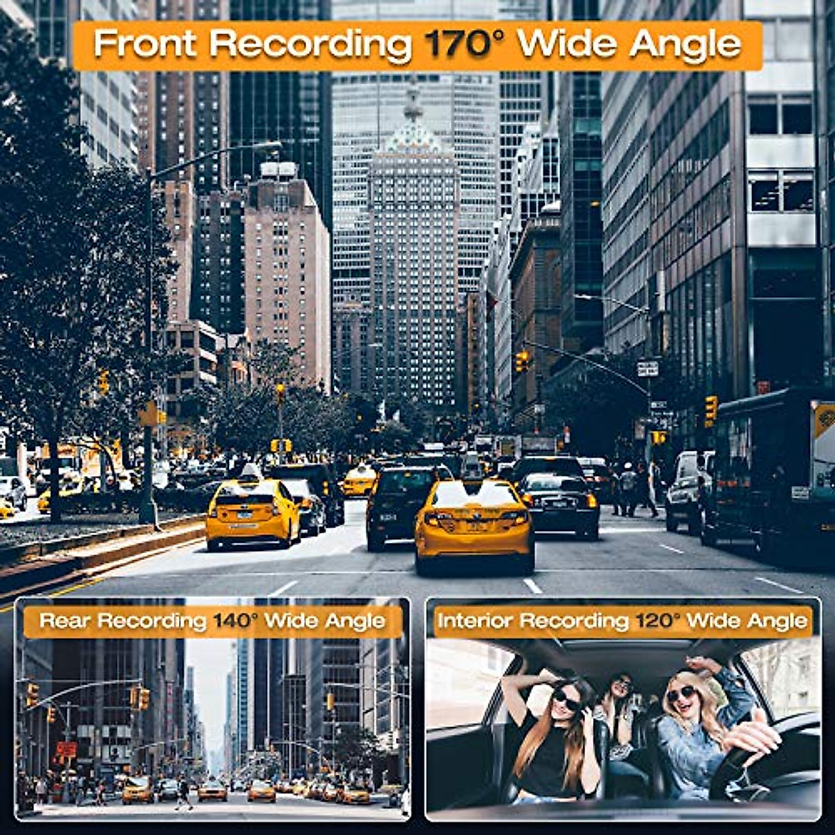 3 Channel 4K Dash Cam Front and Rear Inside with 64GB SD Card, 4K+1080P Dash Camera Front and Inside, Triple Car Camera 2K+1080P+1080P with IR Night Vision, WDR, 170°Wide Angle, Parking Monitor