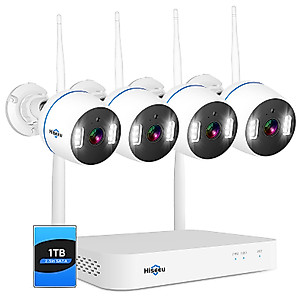 [Full Color Night Vision] Hiseeu Wireless Security Camera System 3MP Spotlight IP Cameras WiFi Surveillance System with 2 Way Audio,Light&Sound Alarm with 8CH NVR 1TB Hard Drive Compatible Alexa