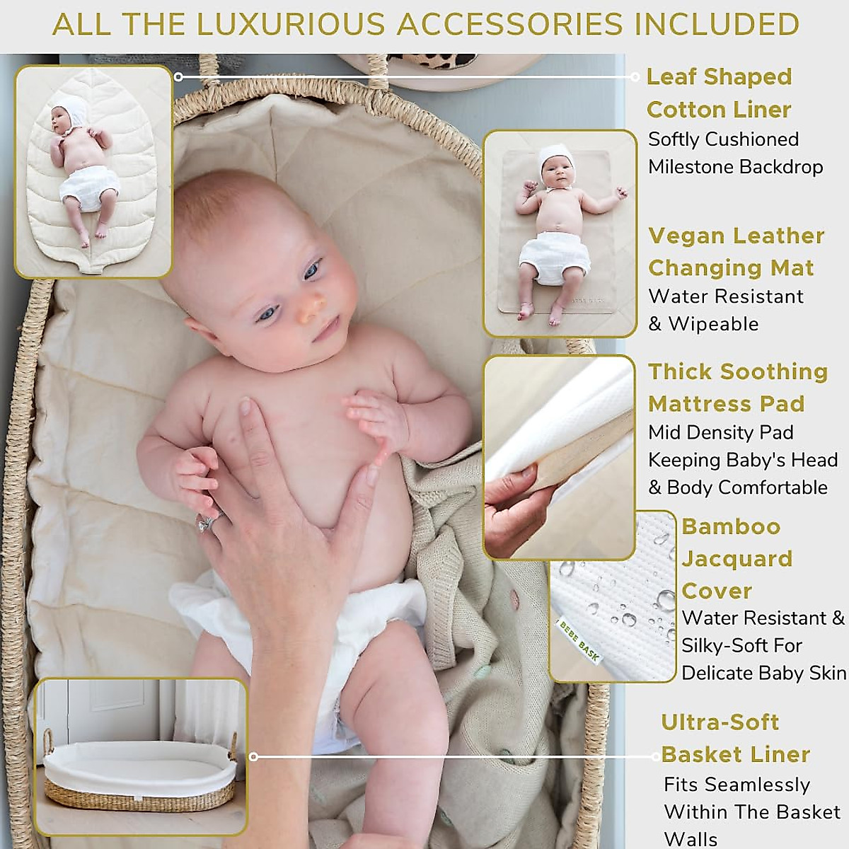 BEBE BASK Premium Baby Changing Basket - Artisan-Crafted Seagrass With Extra High Sides - Changing Basket for Baby Dresser - All Accessories Included - Complete Set for Nursery (Natural)