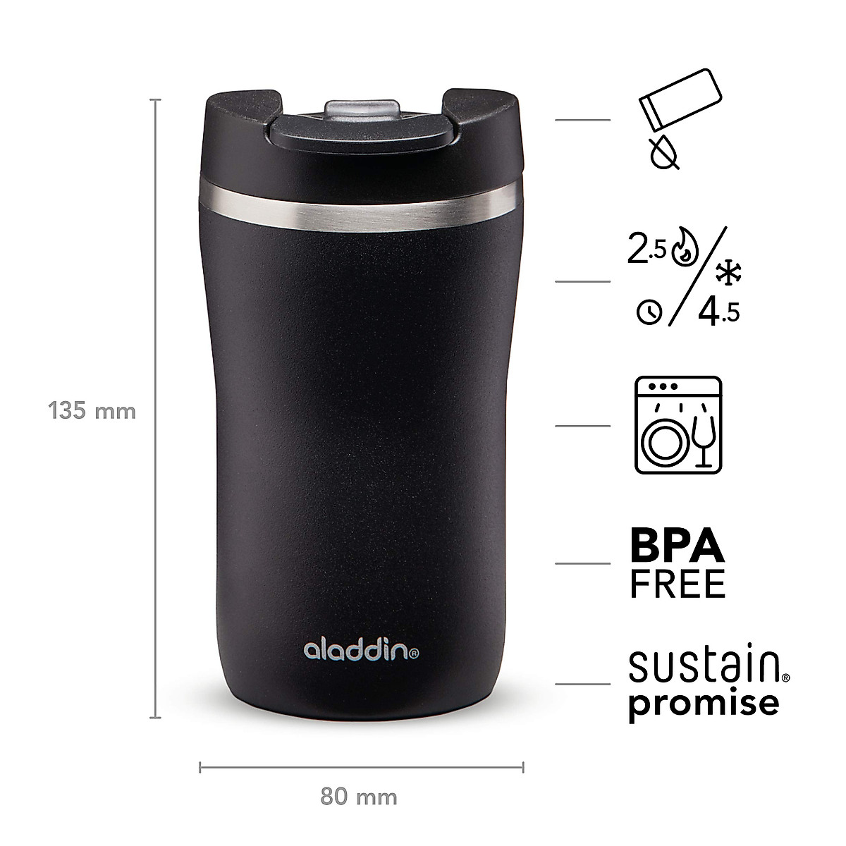 Aladdin Keeps Hot for 2.5 Hours-BPA-Free-Dishwasher Safe, Stainless Steel, Black, 0.25L