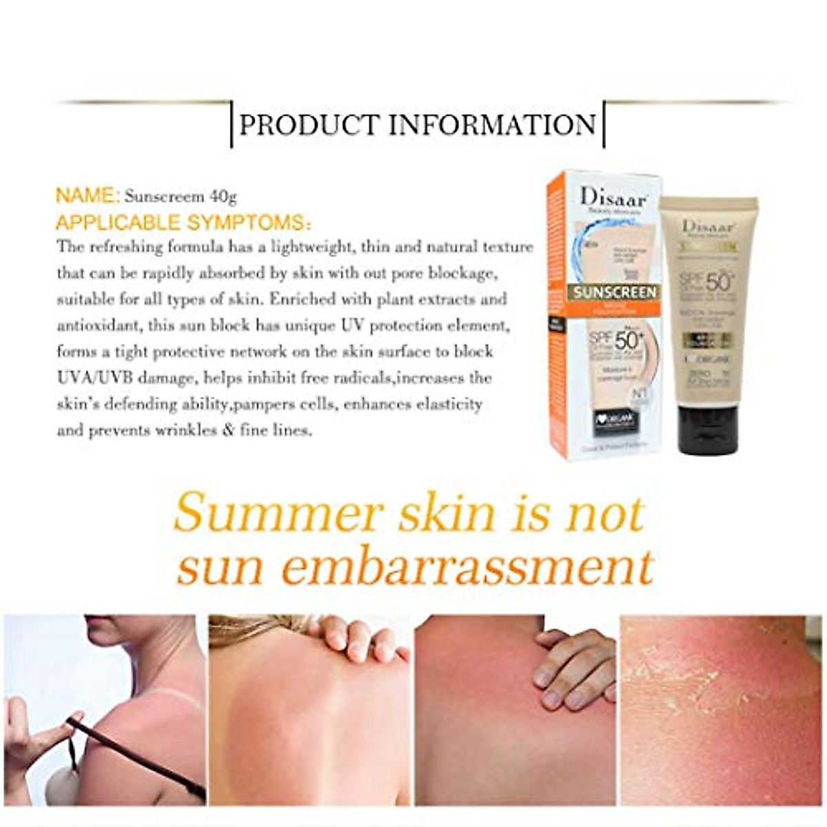 DISAAR BEAUTY Sunscreen Foundation Face Cream Body Skin Protection Anti-Aging Oil Control Moisturizing Care Removes Peeling 40g PA+++ SPF 50+