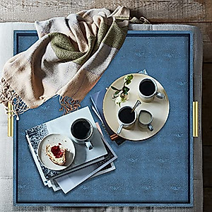 HofferRuffer Extra Large Square Serving Tray, Elegant Faux Leather Ottoman Tray with Gold Hardware Handles, Serve Tea, Coffee or Breakfast in Bed, 24 x 24 inches (Navy Blue Shagreen)