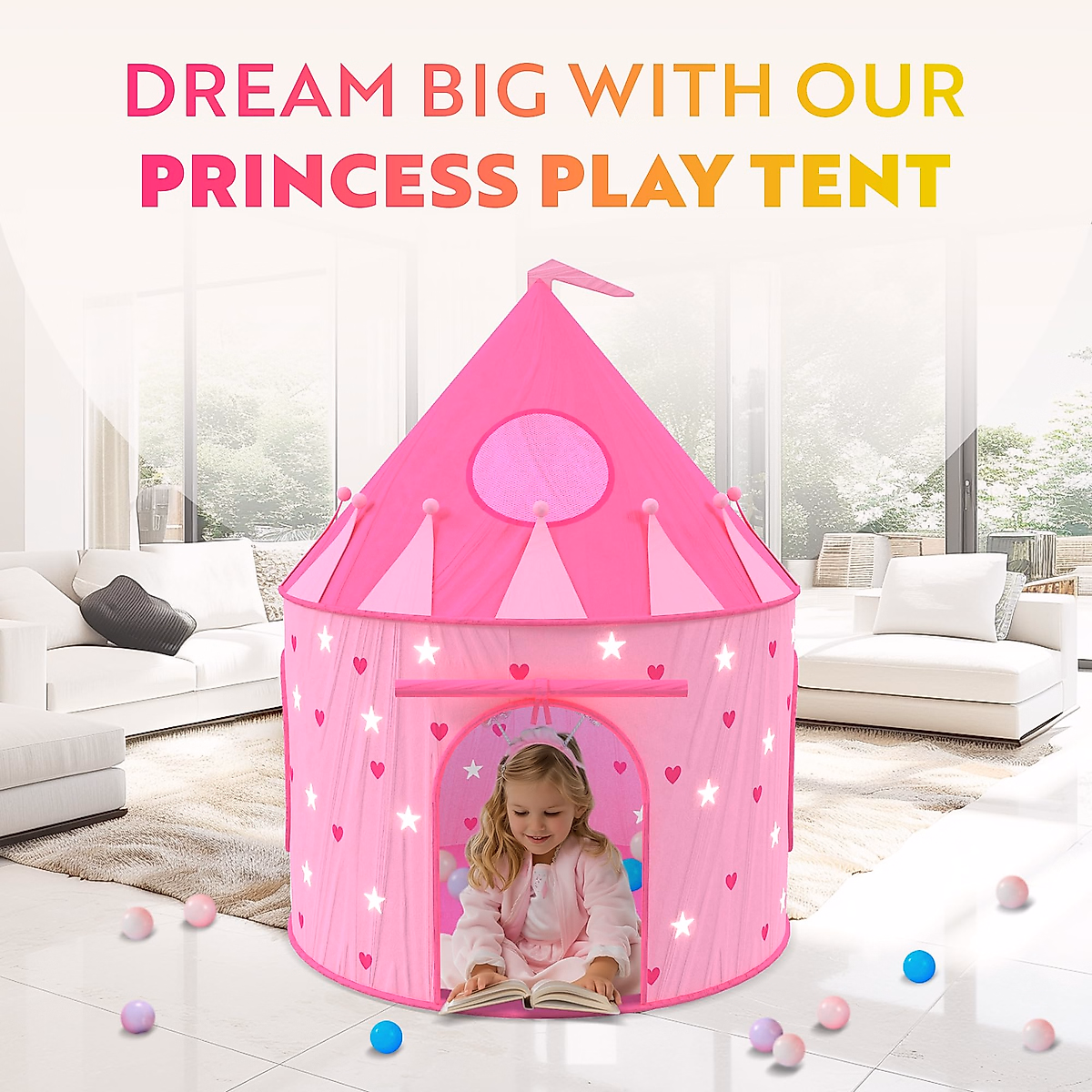 Playz 5-Piece Princess Castle Girls Pop Up Play Tent & Dress Up Costume Bundle - Playhouse Gift for Girls & Toddler for Indoor & Outdoor Use with Pink Fairy Tale Carrying Bag & Glow in The Dark Stars