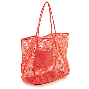 Mesh Beach Tote Womens Shoulder Handbag (Ice Blue, Coral)