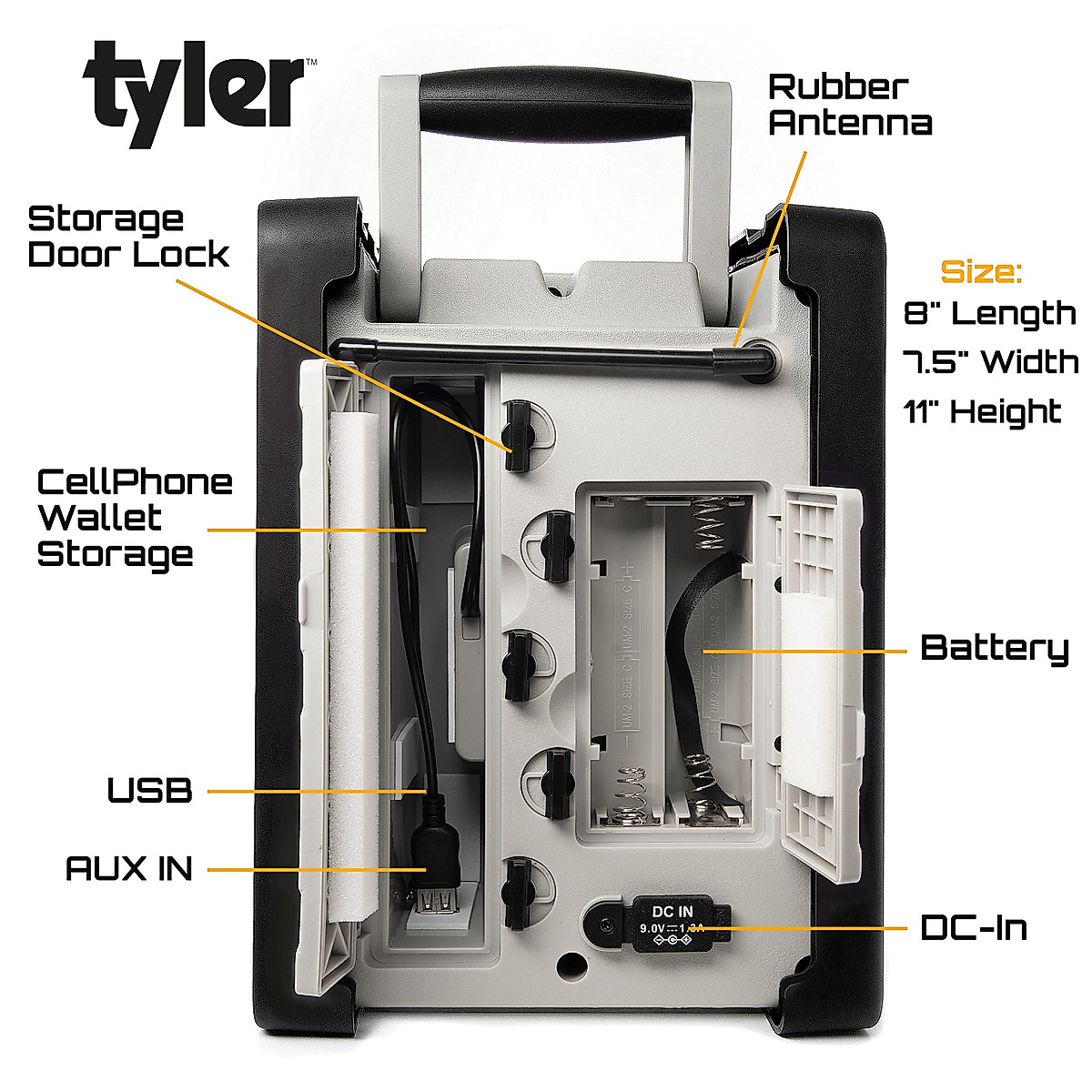 Tyler Bluetooth Jobsite Radio Speaker Wireless Battery Powered Or AC/DC - 100+ Feet Rang - USB - AUX Out - Full Band FM Radio - IPX5 Water Resistant - Outdoor Indoor Durable Portable Speaker TWS407