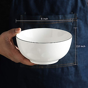 YOLIFE 26 Ounce Cereal Bowls, Ceramic Soup Bowls Set of 6, 6 inch White Salad Bowls for Breakfast, Oatmeal, Rice, Pasta, Dishwasher Microwave Oven Safe(Black Trim)