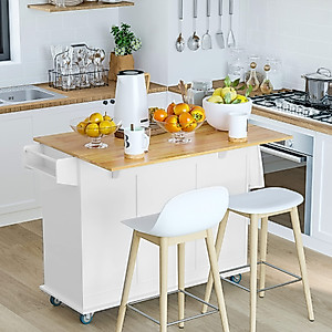 HOMCOM Mobile Kitchen Island Storage Trolley Cart on Wheels with Dropleaf Top, Towel/Spice Rack, 3 Drawers, 2-Door Cabinet, White