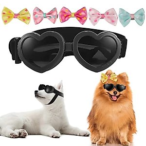 Small Dog Sunglasses Dog Goggles: UV Protection Wind Protection Dust Protection Fog Protection Pet Heart Glasses with Adjustable Strap, Fashion Cool Pet Sunglasses Cute Dog Bows Accessories (Black)