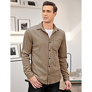 COOFANDY Men's Corduroy Shirt Jacket Slim Fit Button up Work Shirt with Two Flap Pockets Brown