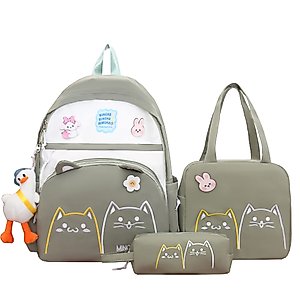 Kawaii Backpack for girls,17in Cute Cat Embroidery School Backpack Set with Lunch Bag Pencil Box,3PCS Aesthetic Student Bookbags,Green