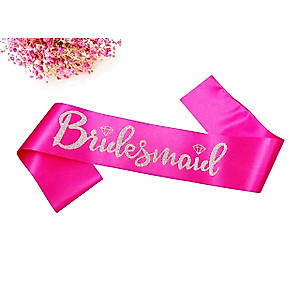 Bridesmaid Sashes Set of 6, Hot Pink Sash with Silver Glitter Letter Bachelorette Party Sash for Bridal Shower Wedding Party Accessories Supplies Engagement Gifts