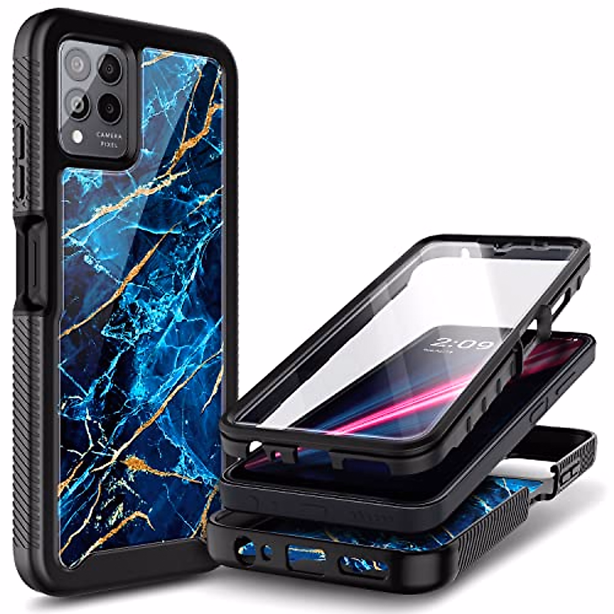 NZND Case for T-Mobile REVVL 6 Pro 5G / REVVL 6X Pro 5G with [Built-in Screen Protector], Full-Body Shockproof Protective Rugged Bumper Cover, Impact Resist Durable Case (Marble Design Sapphire)