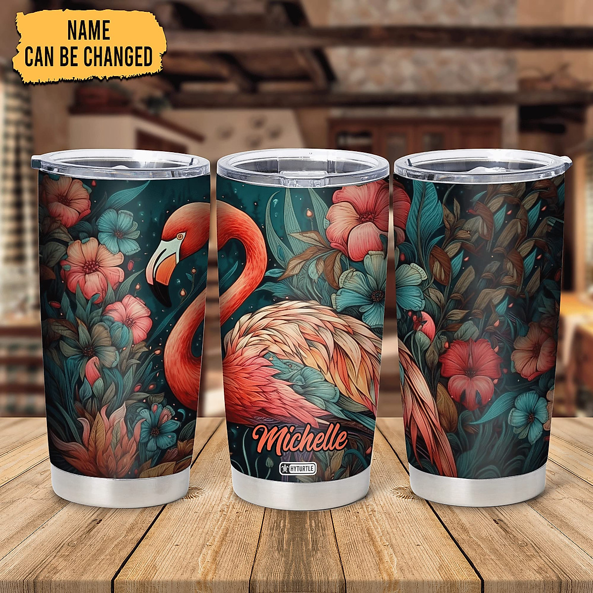 Hyturtle Personalized Gifts For Flamingo Lover - Flamingo Prints Custom Name Stainless Steel Tumbler 20oz With Lid - Idea Bird, Animal lover Gift For Women Girl On Birthday, Christmas