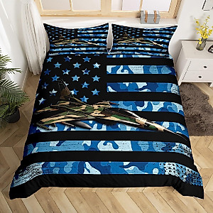 Manfei Airplane Duvet Cover Set Twin Size, Army Camouflage Aircraft Bedding Set 2pcs for Kids Boy Bedroom Decor, Blue Camo American Flag Comforter Cover Soft Polyester Quilt Cover with 1 Pillowcase