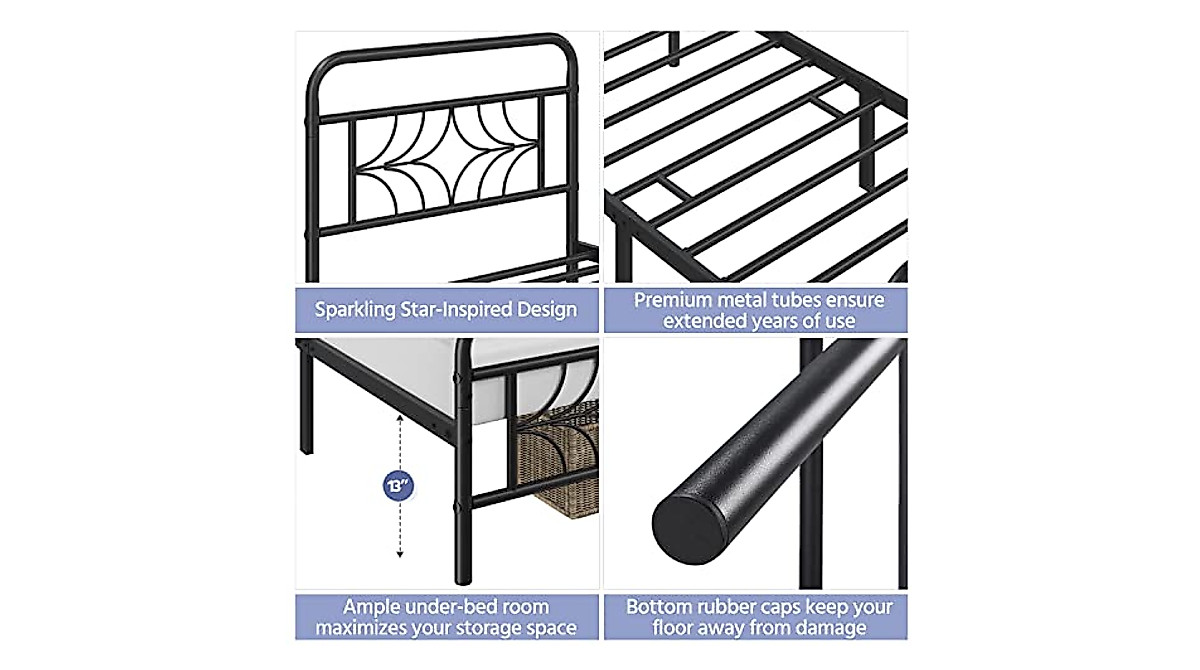 Modern Twin Size Metal Bed Frame with Star Design and Storage