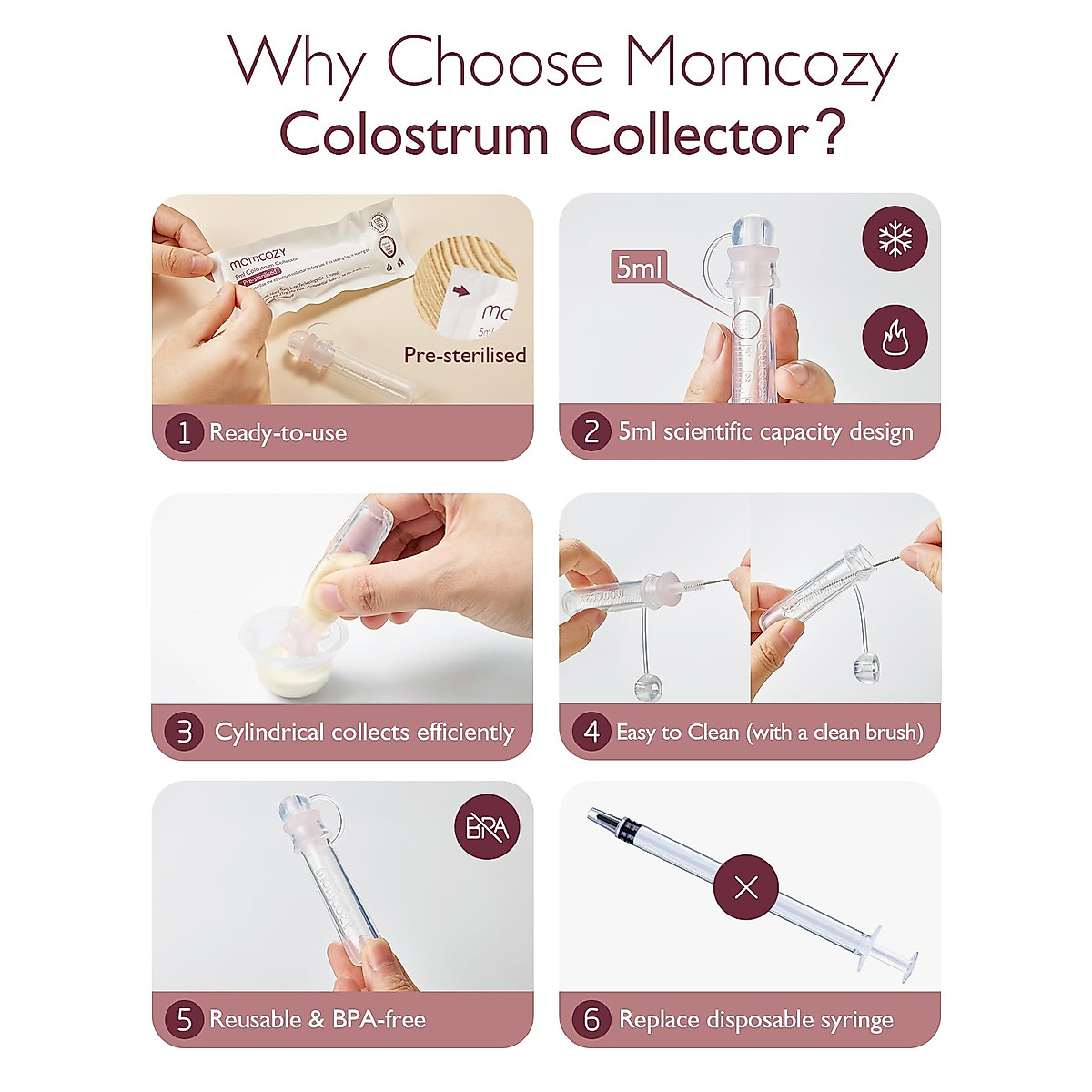 Momcozy Colostrum Collection Toll Kit, Food-grade Silicone Colostrum Collector with Portable Storage Box, Cleaning Brush & Other Accessories, 5ml 1PC