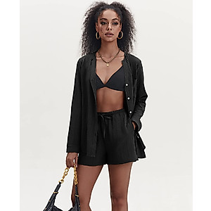 Ekouaer 2 Piece Sets for Women Summer Outfits Shorts Button Up Shirt Outfit Sets V Neck Sweat Suits Tracksuit Black,Medium