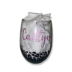 Jemley Personalized Gifts | Wine Glass Leopard Print Custom Name | Personalized Gift for Her | Cheetah Stemless Wine Glass 20oz - Handmade