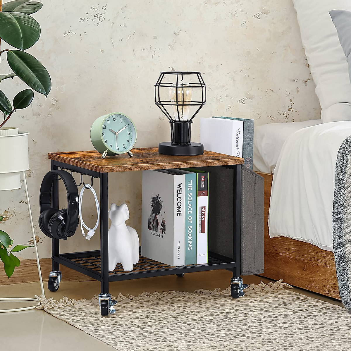 YBING Printer Stand 2-Tier Printer Cart with Wheels and Storage Bag Wood Rolling Printer Table with Storage Under Desk Mobile Printer Stand Shelf for Home Office, Rustic Brown