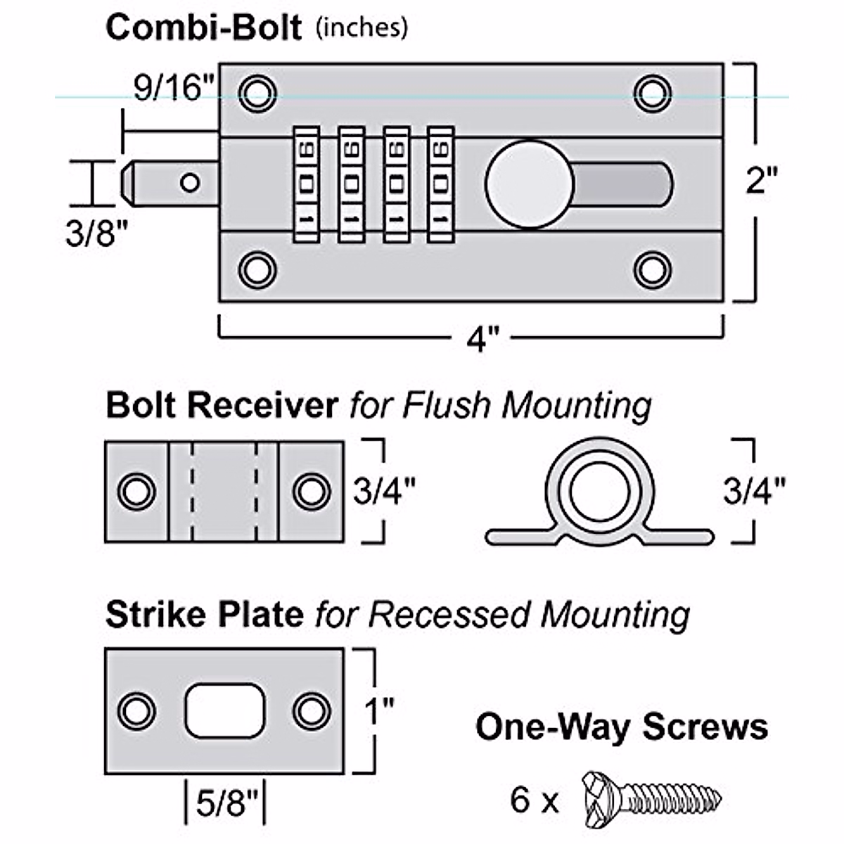 Combi-Bolt CB2000-BLK 4-Dial Combination Sliding Bolt Lock with Black Finish, Child-Proof Your Home and Secure Your Home, Easy to Install