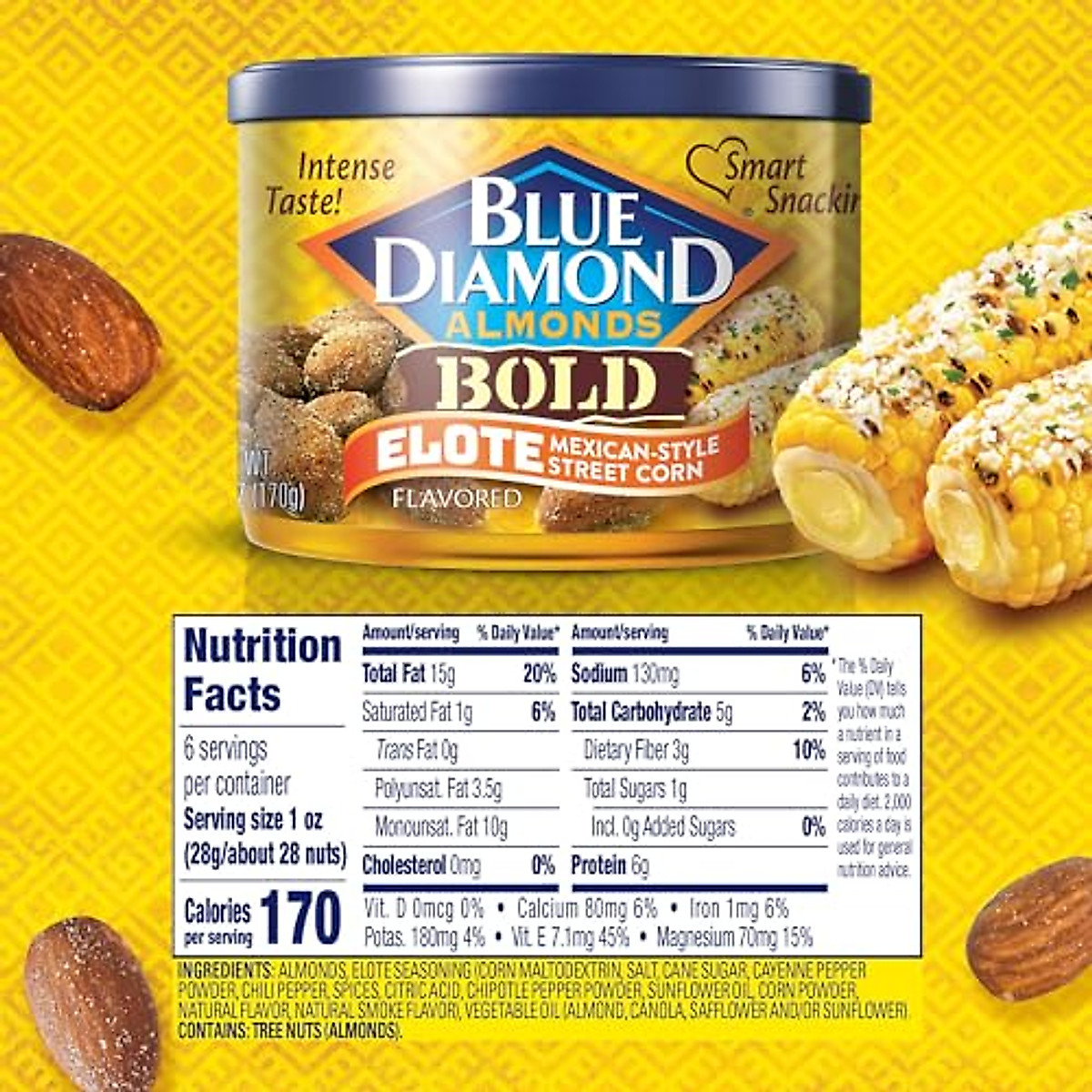 Blue Diamond Almonds, BOLD Elote Mexican Street Corn Flavored Snack Nuts, 6 Ounce Can