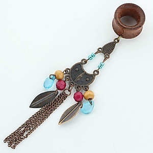 00G 10mm Bohemia Beads Owl Tassel Wood Dangle Ear Gauges Piercing Flesh Tunnels Plugs Statement Earrings