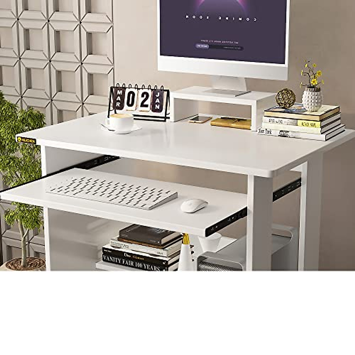 ALISENED Home Office Computer Desk with Monitor Stand Keyboard Tray, 29.5 Inch Study Writing Desk Small PC Laptop Table with Storage Shelves, Modern Workstation for Small Spaces Save Space