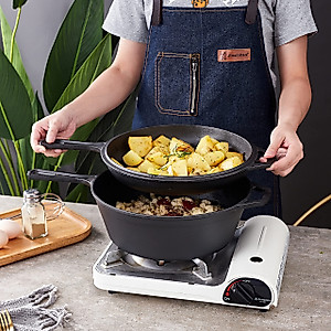 Bruntmor 2-in-1 Pre-seasoned Cast Iron Dutch Oven and Skillet Set -5 Quart Black Cookware with Handles - Dutch Oven with Lid - Enameled Cast Iron Cookware for Braising, Frying, Camping, and Indoor Use